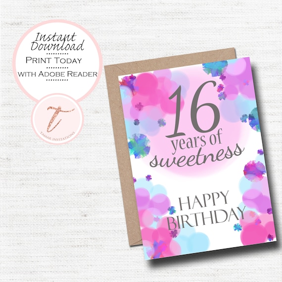 Happy Sweet 16th Birthday Card- Printable Birthday Card - Sweet 16 ...