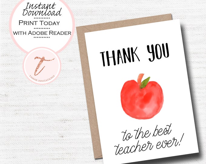 Thank You Teacher Apple Card, Printable Card, Digital Card, Teacher ...