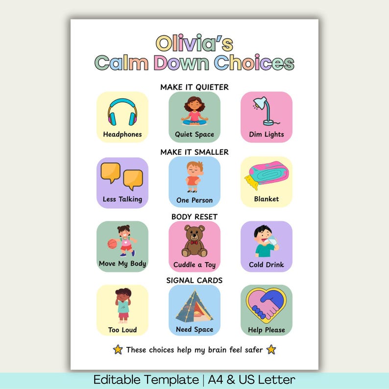 Calm Down Choice Board for Kids | Editable Canva Template | ADHD Autism ...