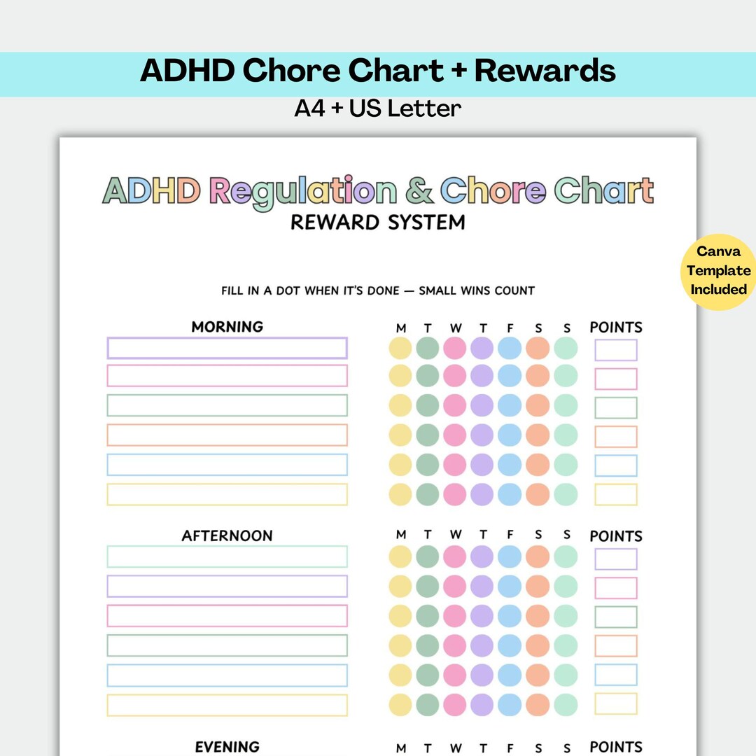 ADHD Chore Chart for Kids Printable, Routine ADHD Cheat Sheet, Reward ...