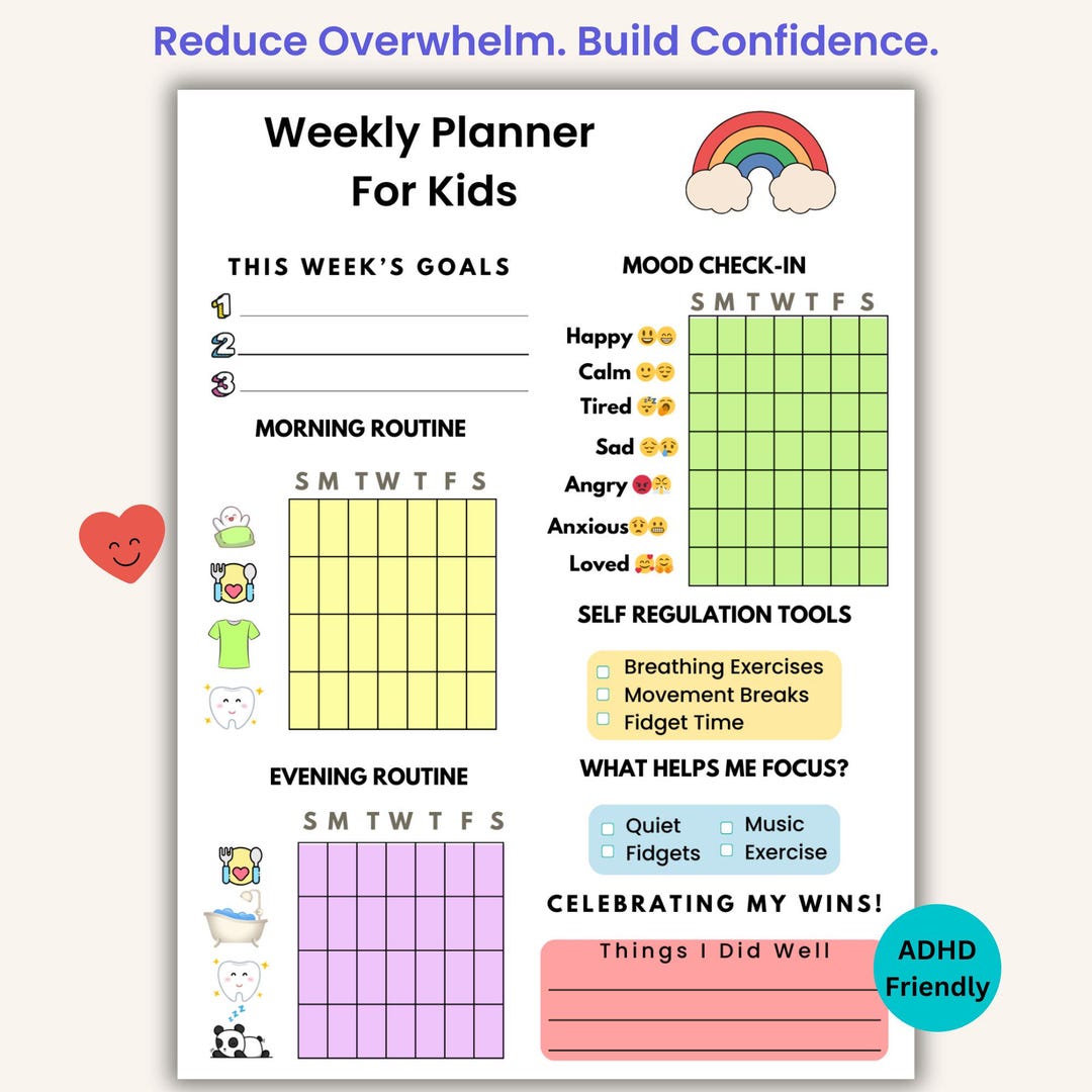 ADHD Weekly Planner for Kids – Routine Chart, Mood Tracker (printable PDF, Editable Canva ...