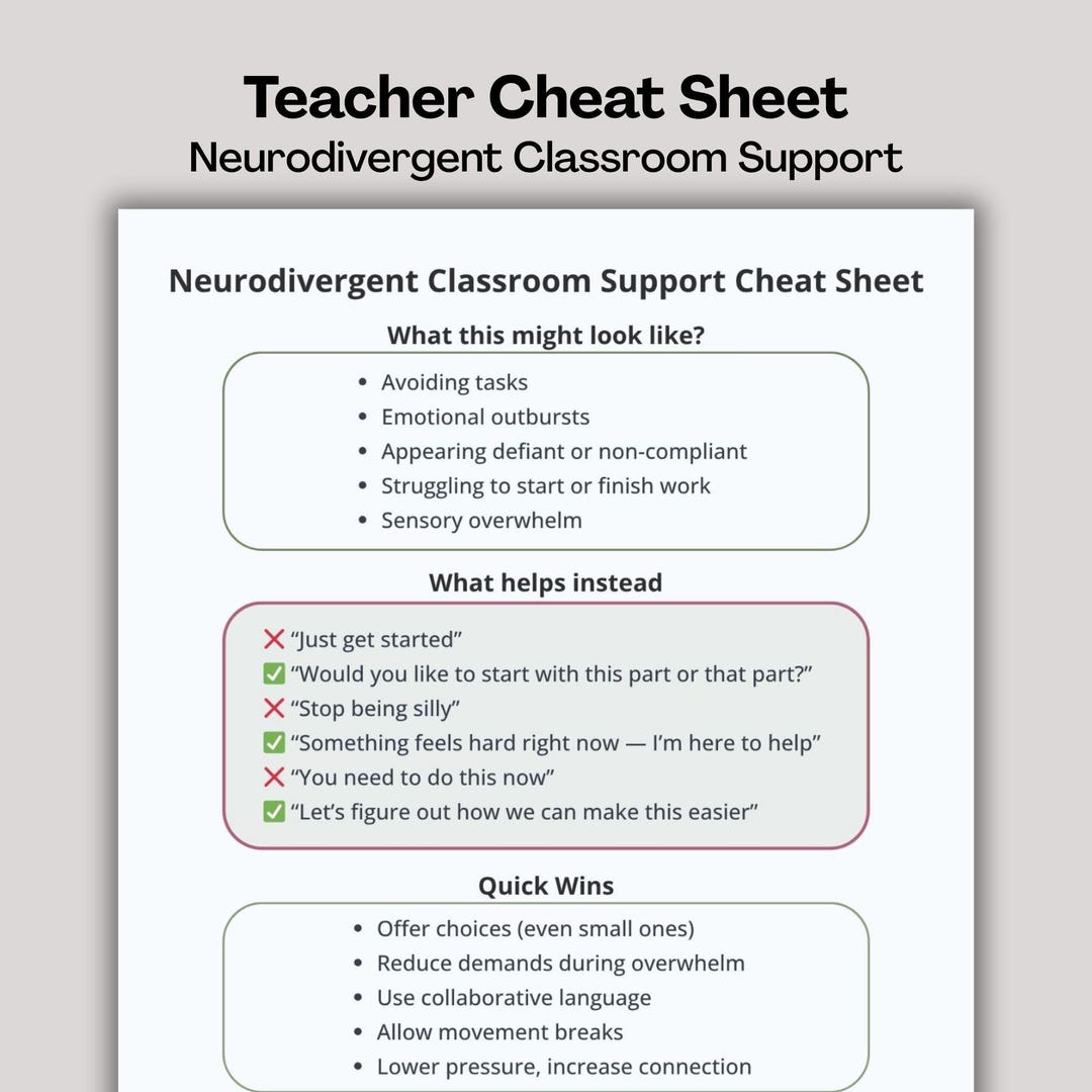 Neurodivergent Classroom Support Cheat Sheet, ADHD Autism PDA ...