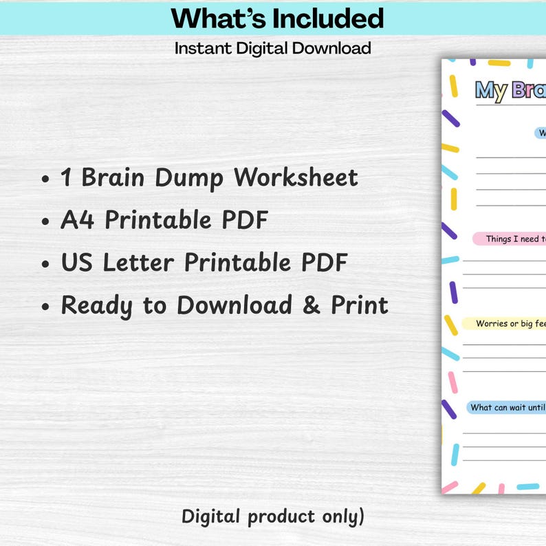 ADHD Brain Dump Worksheet for Tweens, Neurodivergent Kids Thought ...