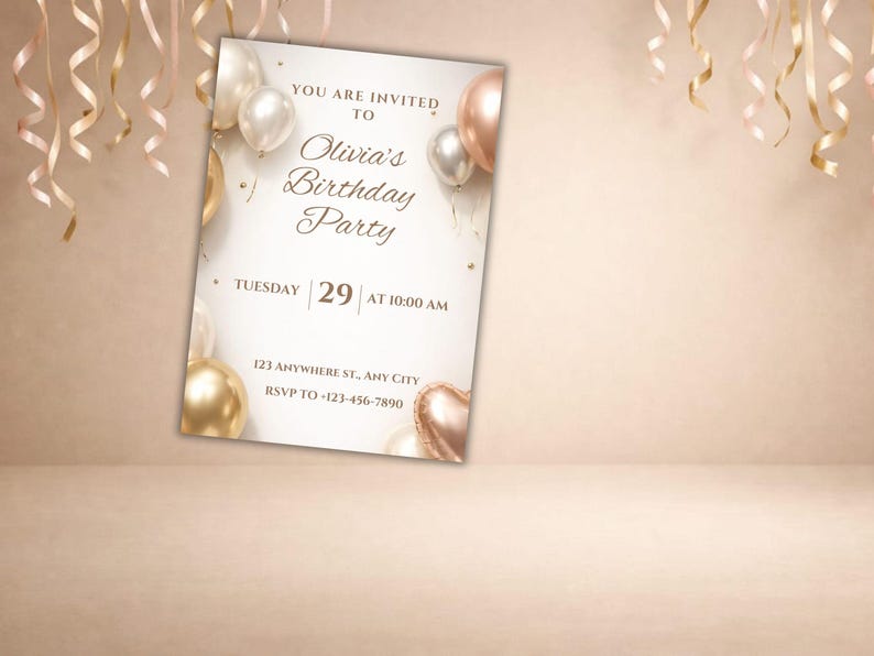 Metallic Balloon Birthday Invitation | Elegant Canva Editable Party ...