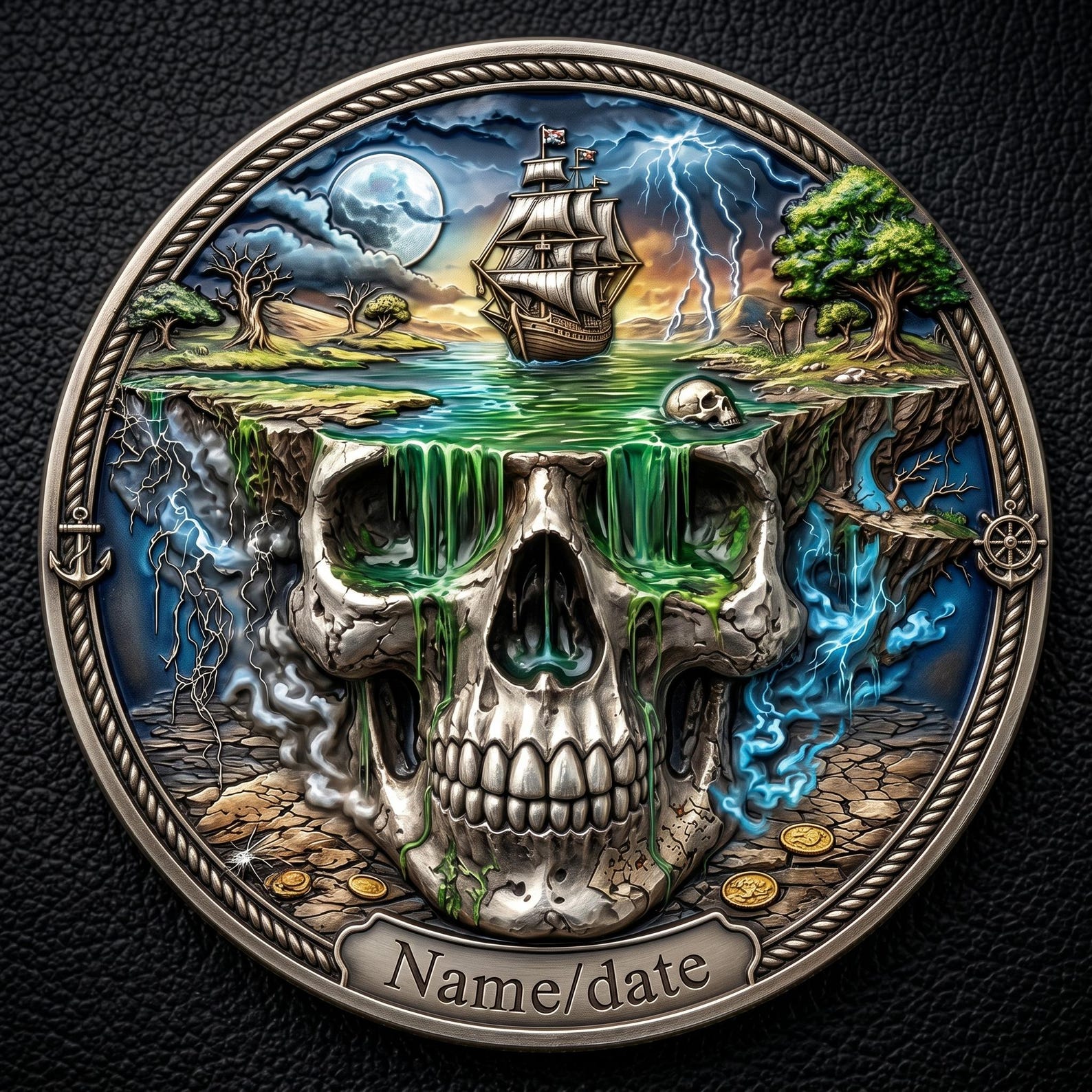 Custom Skull Island Pirate Ship Challenge Coin: Engraved Nautical ...