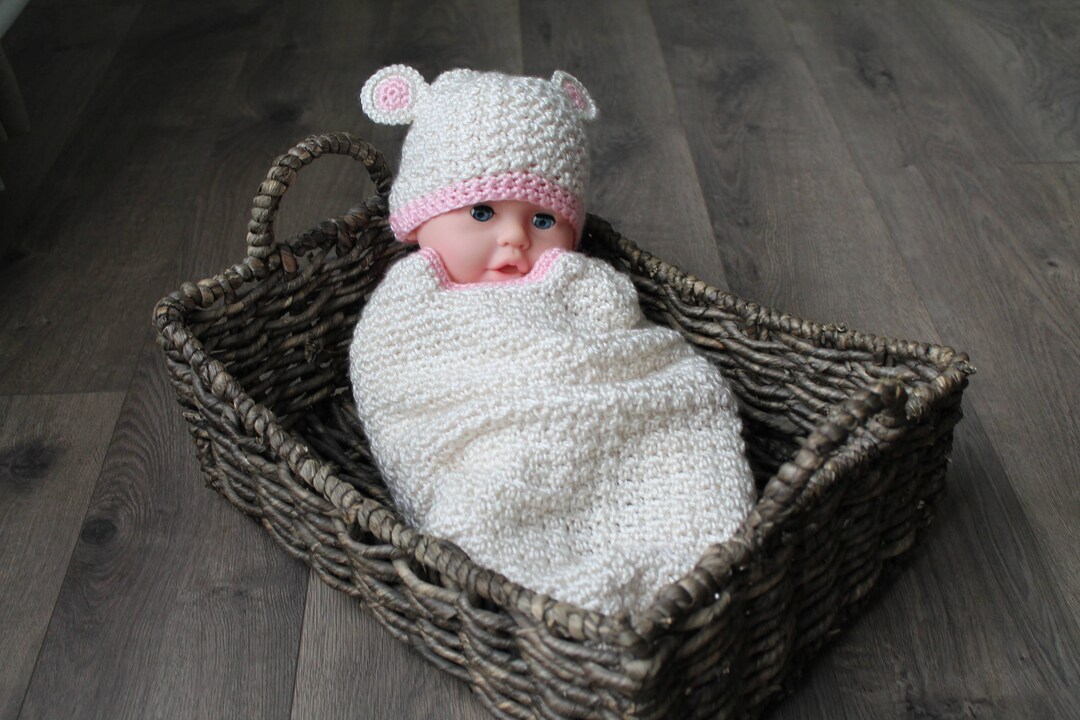Crochet Baby Teddy Bear Cocoon: Cream & Pink Swaddle Outfit - Etsy