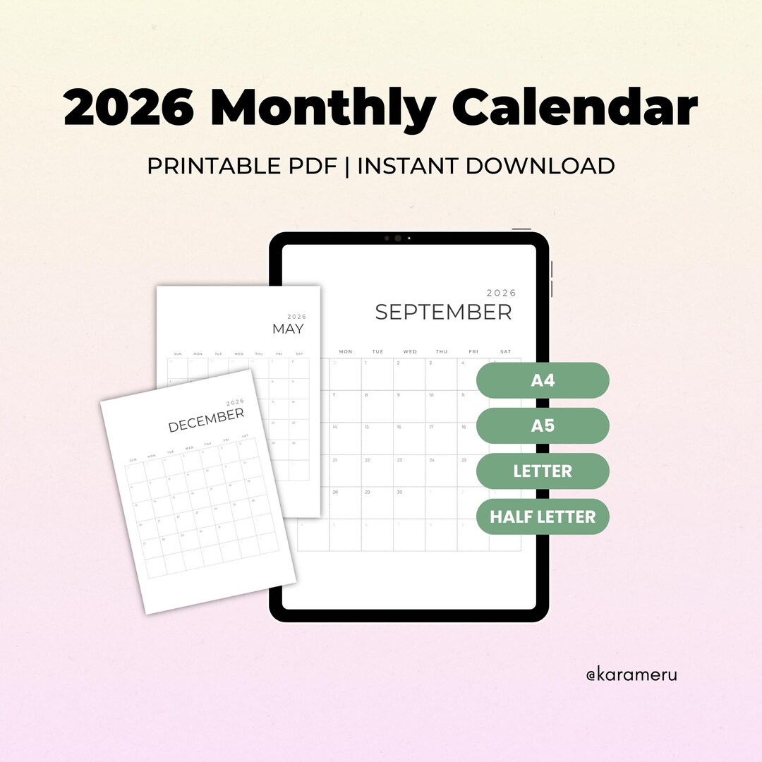 2026 Monthly Calendar Printable | Minimalist Planner (PDF Download A4 ...