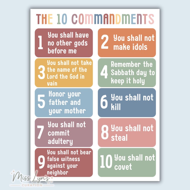 10 Commandments Poster, Christian Kids Bible Wall Art, Rainbow Sunday ...