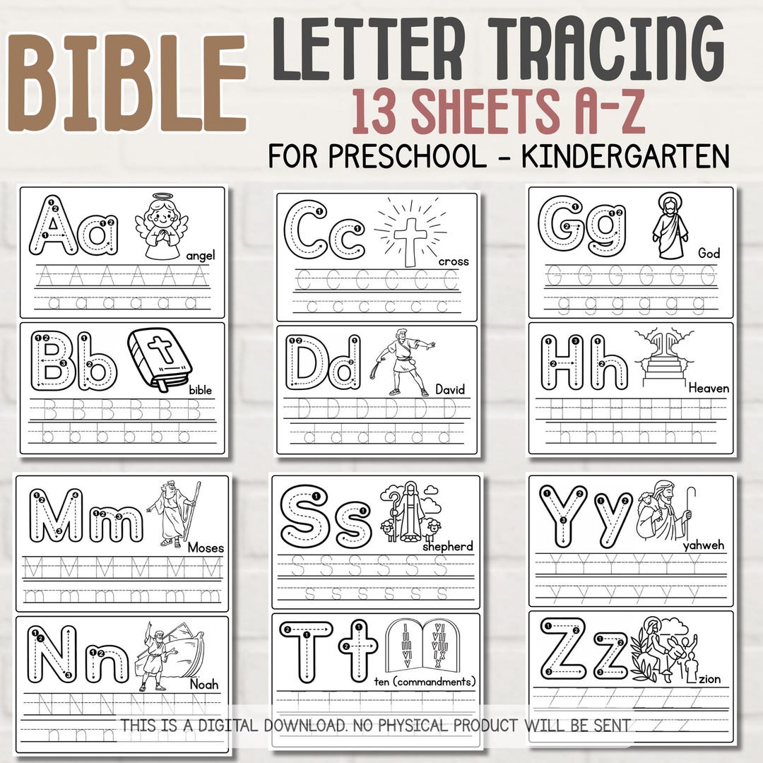 Bible Alphabet Tracing Worksheets A-Z, Sunday School Activities for ...