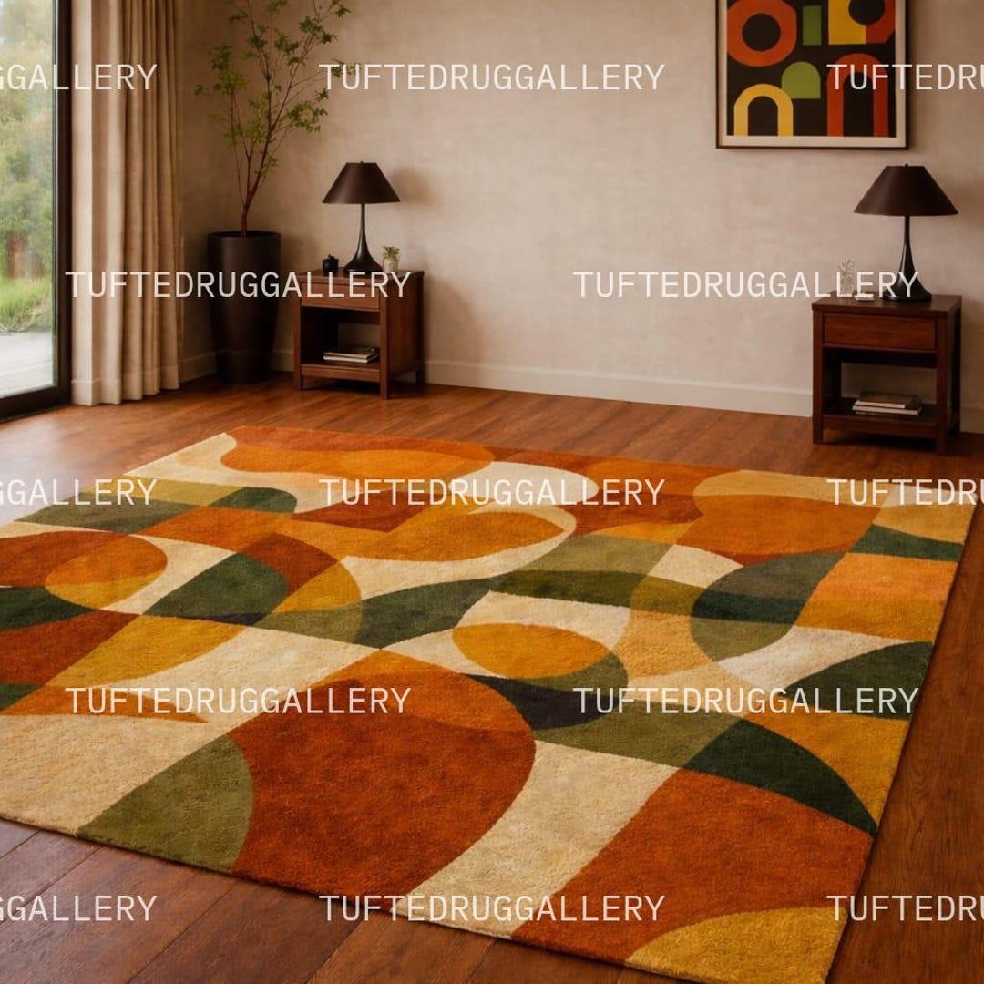 Mid Century Modern Abstract Area Rug, Geometric Carpet in Earth Tones ...
