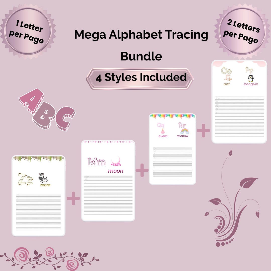 Mega Alphabet Bundle, A–Z Tracing Worksheets, 1 & 2 Letters per Page, 4 ...