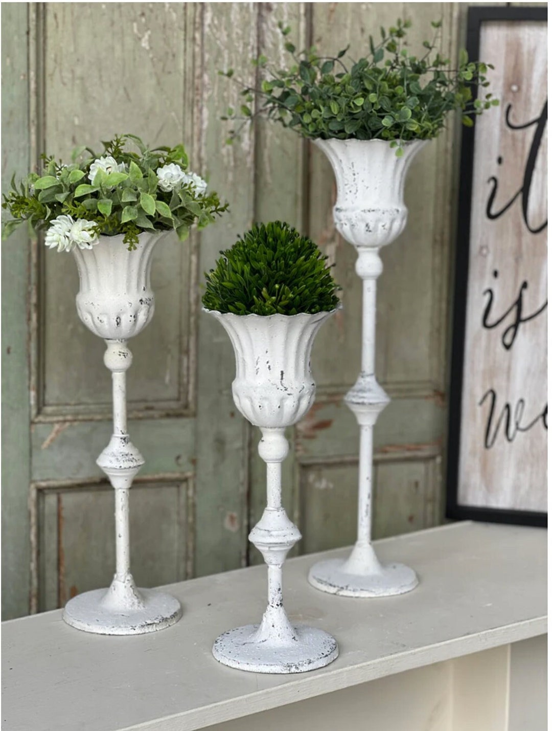 Rustic Antiqued Whitewashed Fluted Candle Holders Set 3 Aged/weathered/distressed Vintage ...