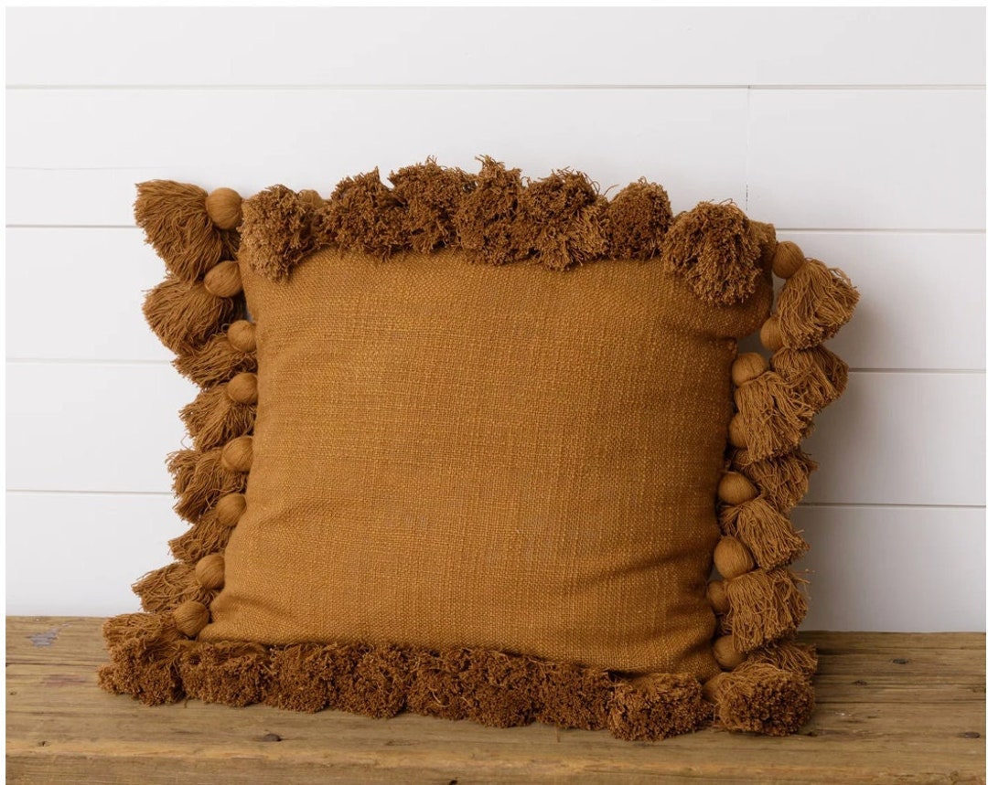 Boho Cottage Modern Farmhouse Style Pillows Rust Woven Textured Tassels ...