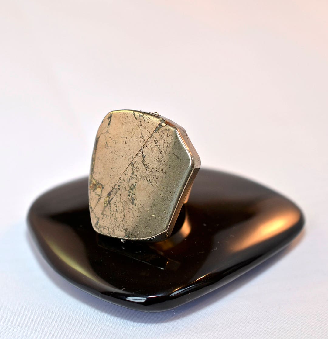GOLDEN PYRITE Ring- Pyrite Raw Mineral Ring- Matte Silver Plate ...