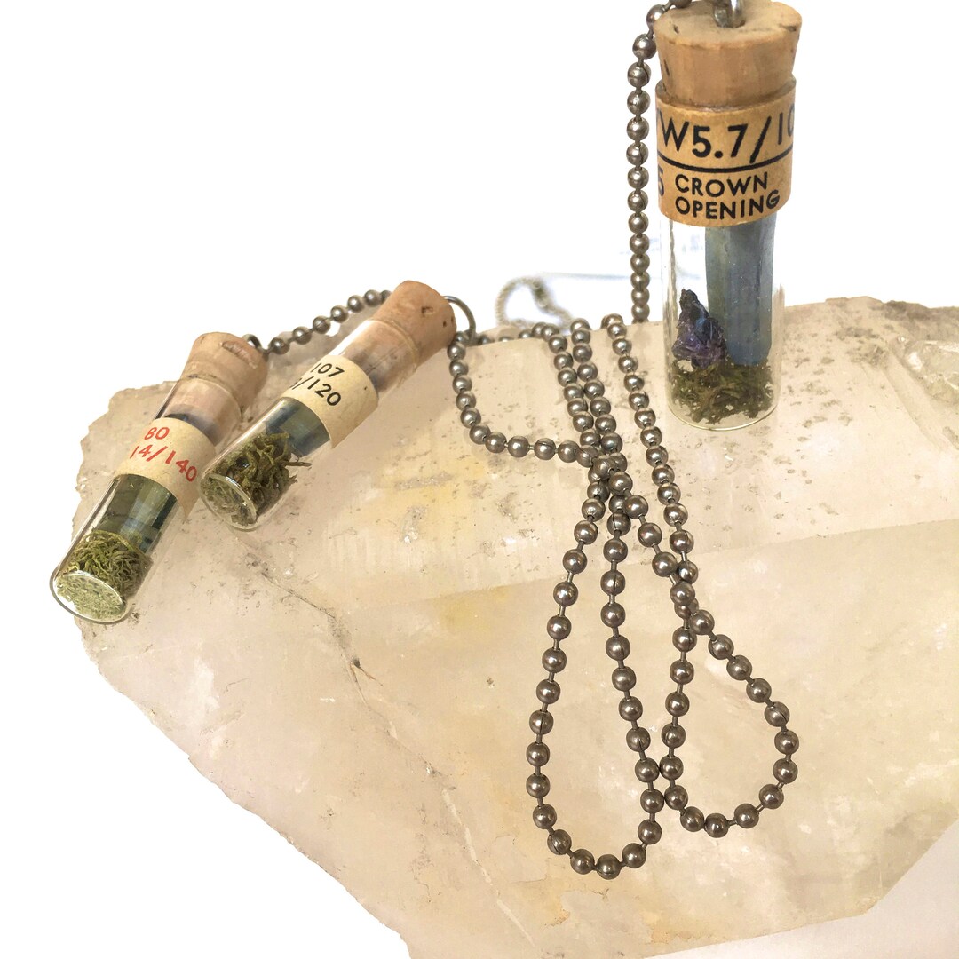 Vintage Vial Crystal Pendant Necklace: Quartz, Pyrite & Moss - OOAK ...
