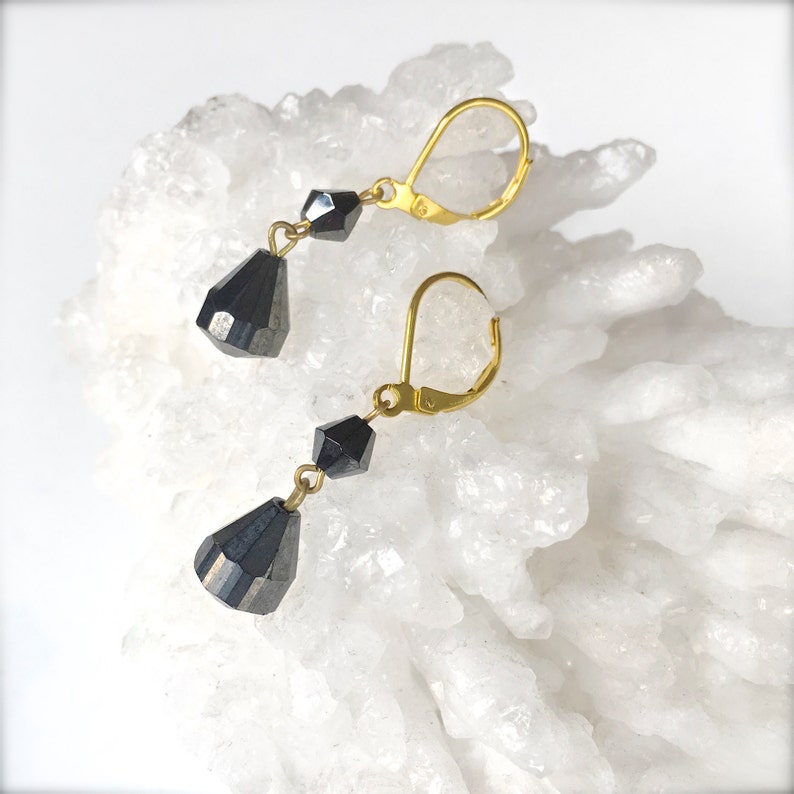 Black Hematite Dangle Drop Earrings Delicate Feminine Earrings Black ...