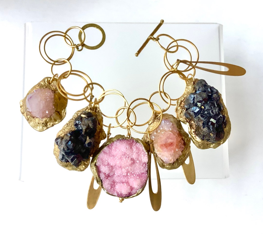 Mixed Mineral Statement Bracelet: Pink Druzy, Garnets, Quartz, Gold ...