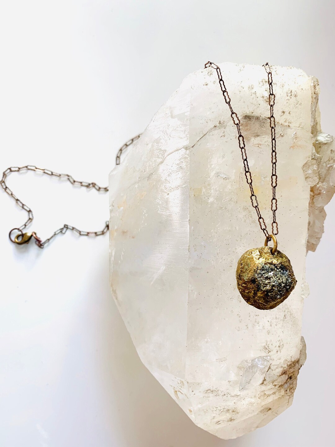 Raw Pyrite Pendant Necklace – Fool’s Gold in Gold Resin on Antique ...