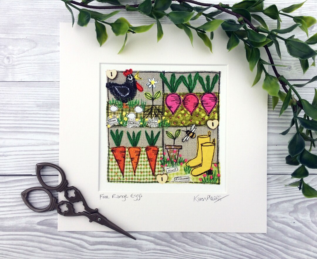 FREE RANGE EGGS Allotment Art Print of Original Textile Art Vegetable ...