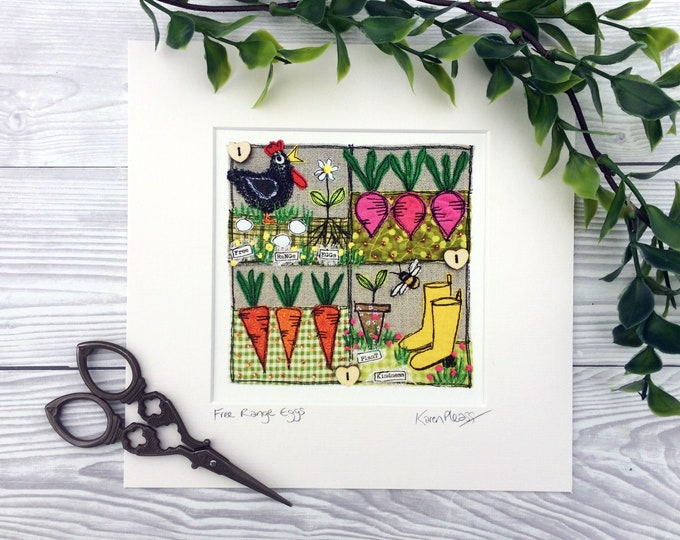 FREE RANGE EGGS Allotment Art Print of Original Textile Art Vegetable ...