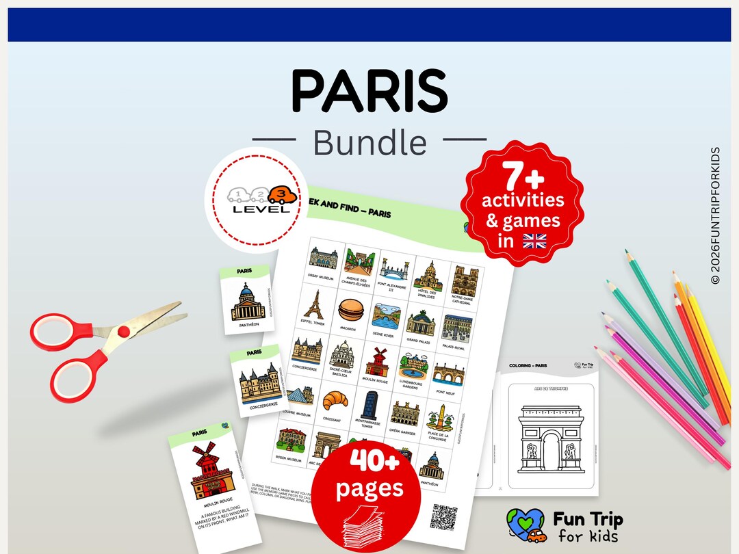 Paris Bundle Level 3 (ages 5+) – Printable Travel Games for Kids ...