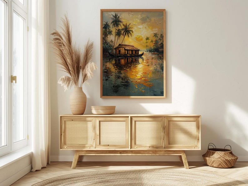 Kerala Houseboat Oil Painting Poster, India Backwaters Art Print ...