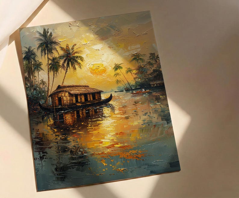 Kerala Houseboat Oil Painting Poster, India Backwaters Art Print ...