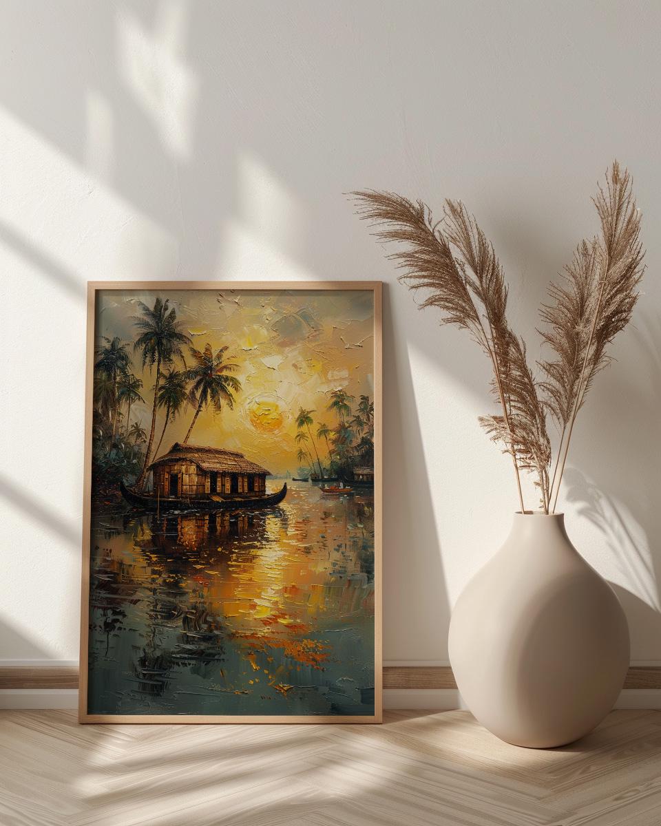 Kerala Houseboat Oil Painting Poster, India Backwaters Art Print ...