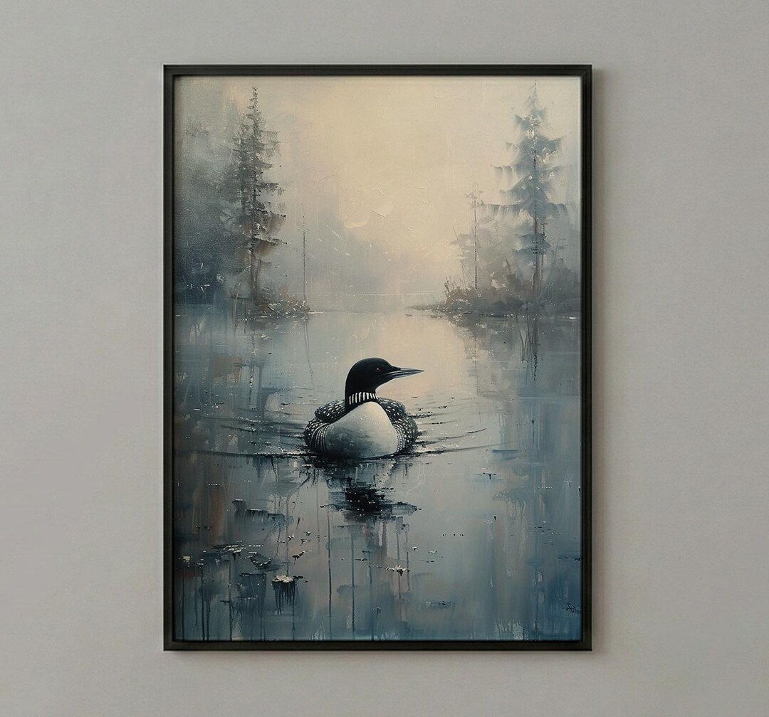 Loon Bird Misty Lake Poster, Calm Canadian Wildlife Decor — Deep Blue ...