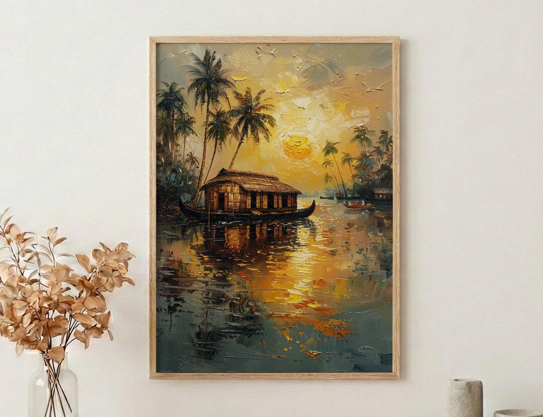 Kerala Houseboat Oil Painting Poster, India Backwaters Art Print ...