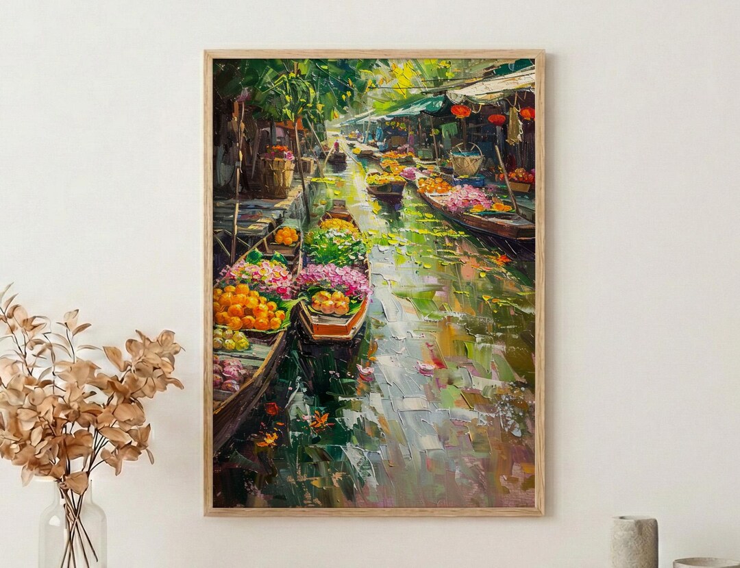 Thailand Floating Market Oil Painting Poster, Bangkok River Art Print ...
