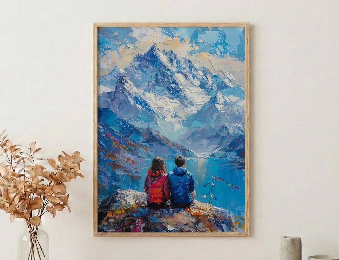 Himalayas Wall Art, Mountain Landscape, Prayer Flags, Impasto Oil ...