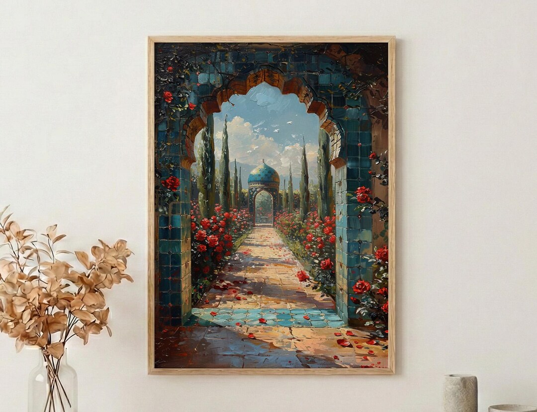 Persian Art Print, Garden Arch Decor, Turquoise Tile, Impasto Oil ...