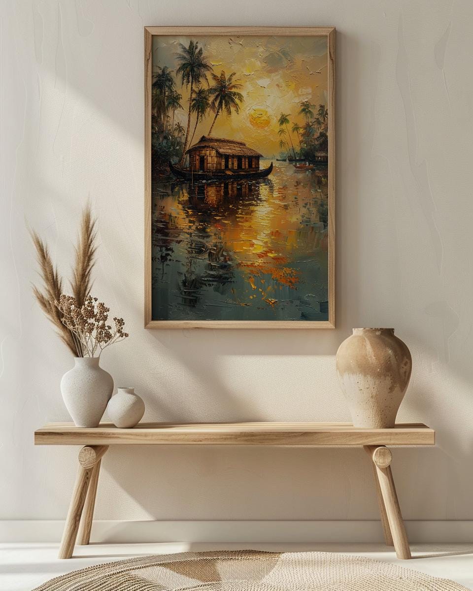 Kerala Houseboat Oil Painting Poster, India Backwaters Art Print ...