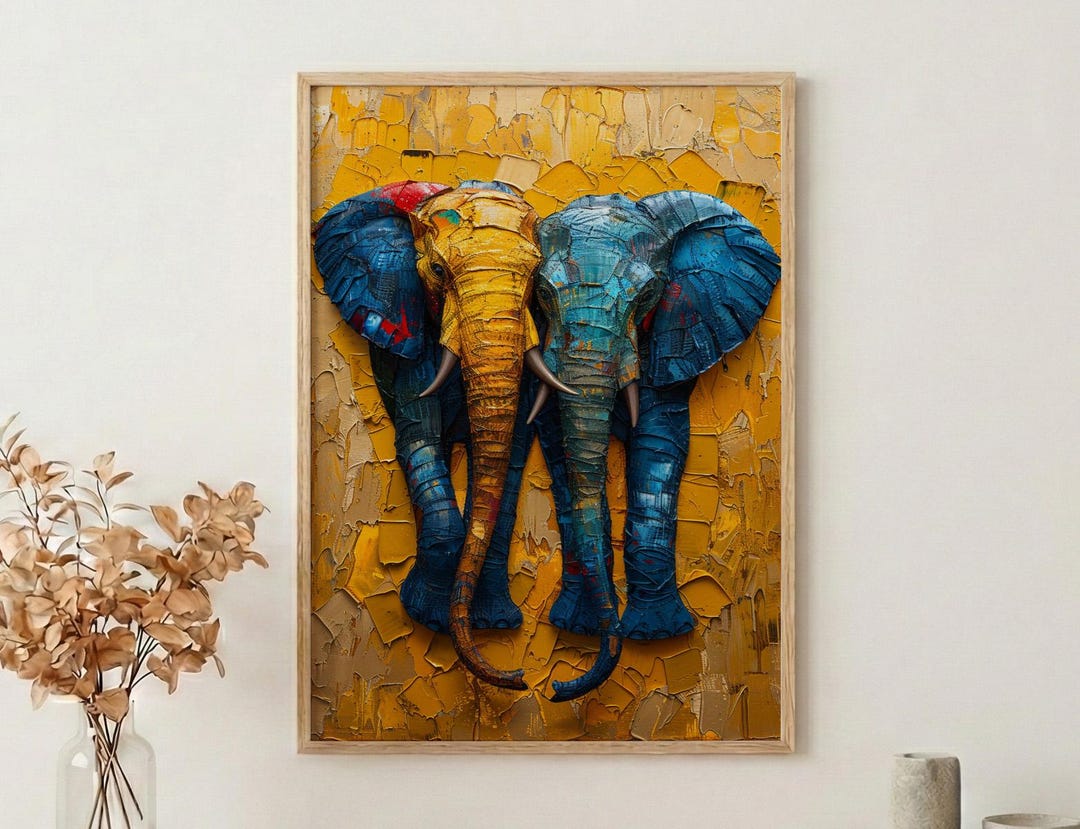 Elephant Couple Art, African Decor, Safari Nursery Print, Impasto Oil ...