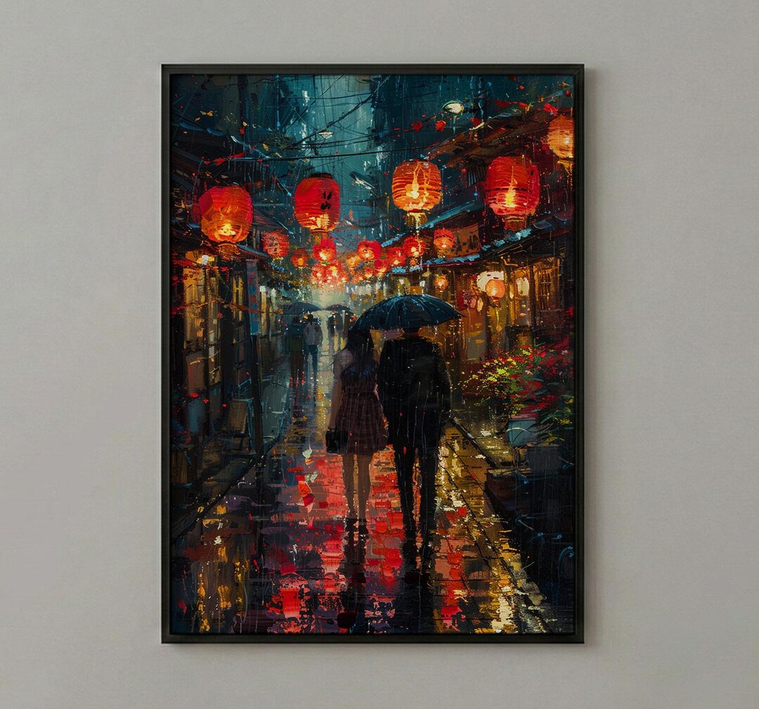 Kyoto Street Art, Japan Night Print, Rainy Cityscape, Impasto Oil ...