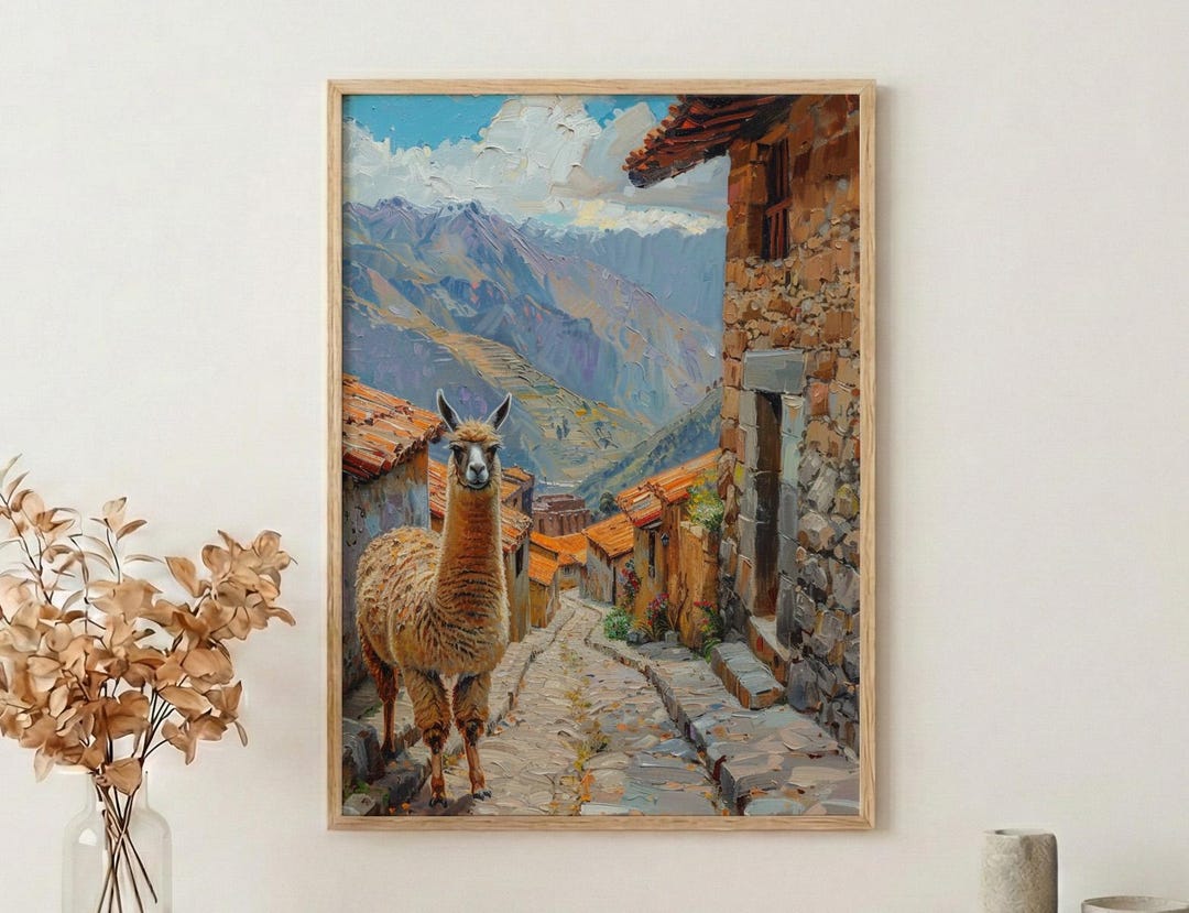 Peru Andes Mountains Oil Painting Poster, Alpaca Llama Art Print, Incan ...
