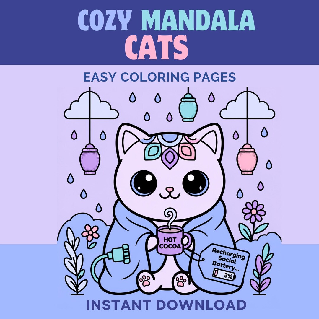 Cozy Mandala Cat Stress Relief Coloring Book, 10 Bold & Easy Coloring ...