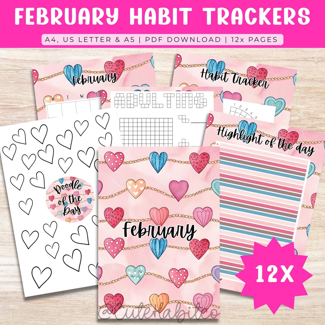 February Habit Tracker Bundle - 12 Printable Trackers Pack - Monthly ...