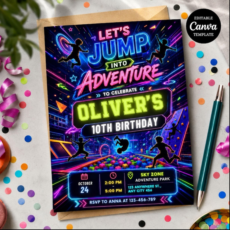 Trampoline Park Birthday Invitation, Jump Party Invite, Editable Canva ...