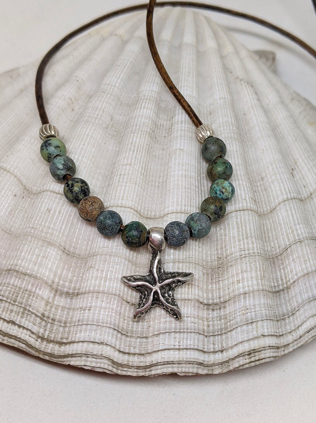 African Turquoise Starfish Necklace: Pewter Charm, Leather Cord - Etsy