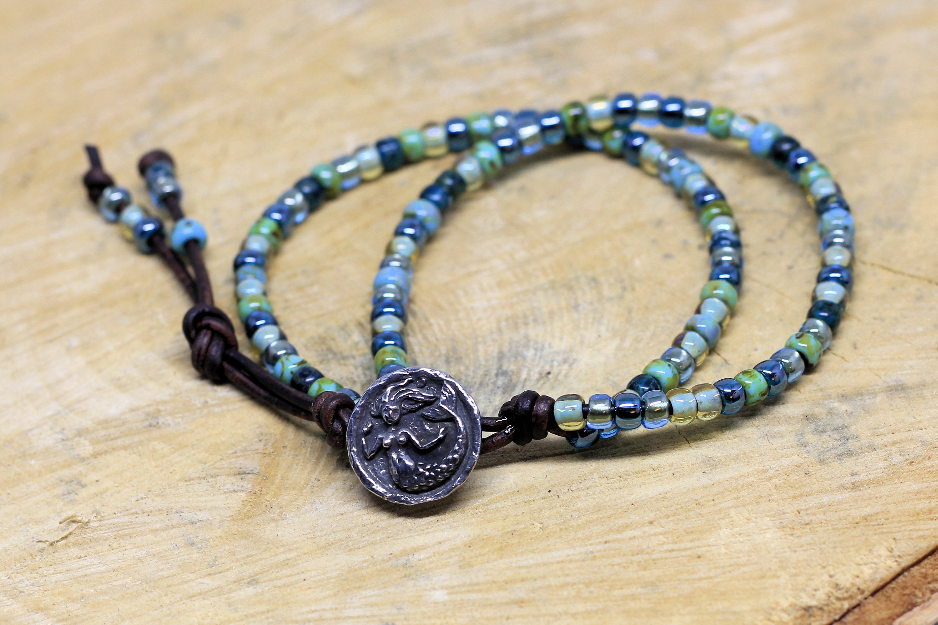 Glass Seed Bead Leather Bracelet Mermaid Button Seed Bead | Etsy