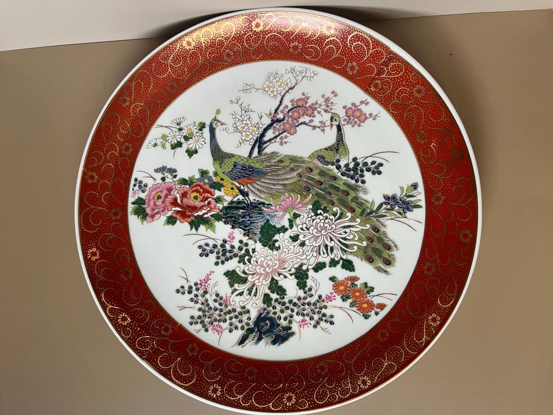 Vintage Japanese Satsuma Japan Peacock Red Colorful 10" Plate - Gilt ...