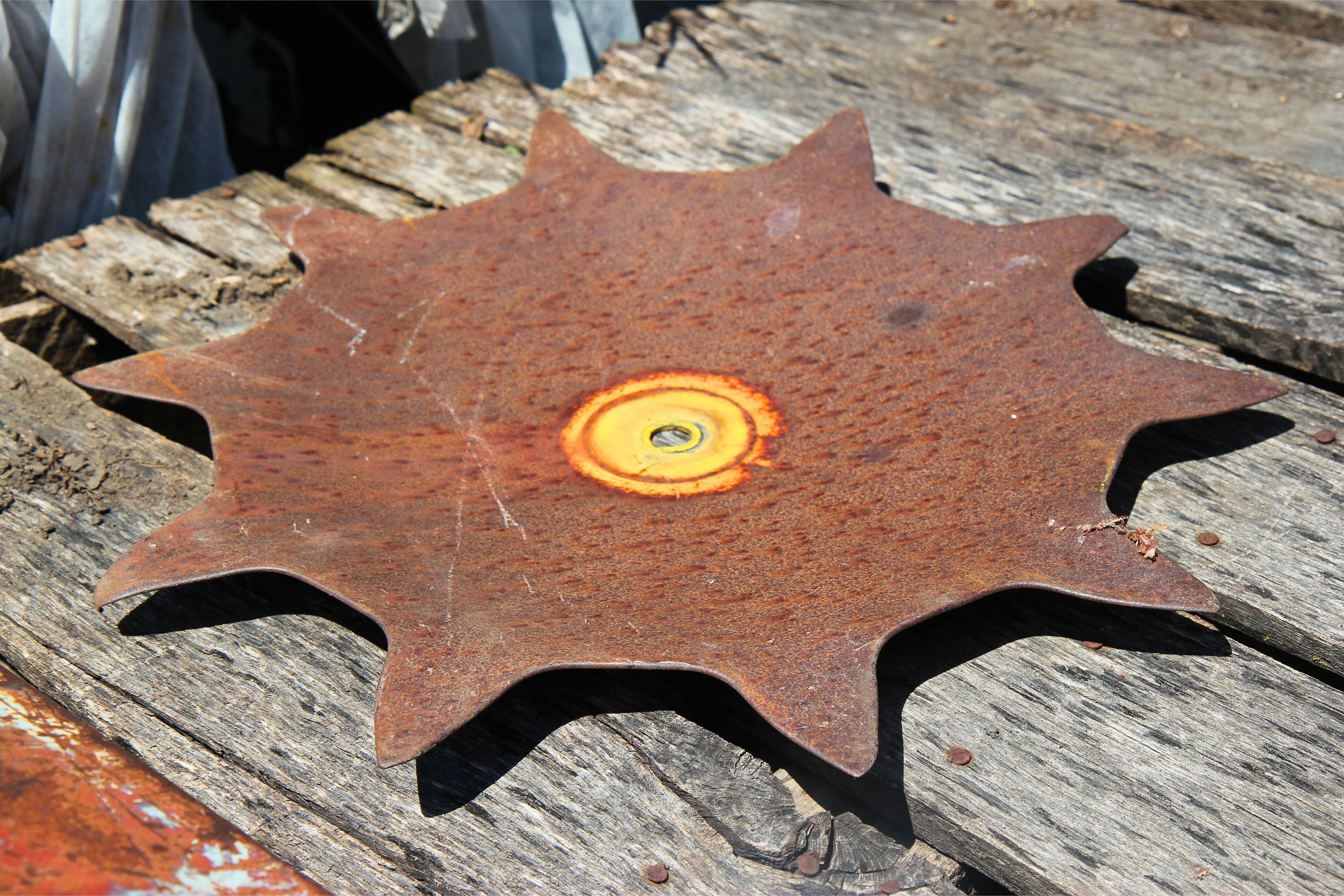 Vintage Rusty Yellow Farm Cultivator Wheel for Yard Art - Metal ...