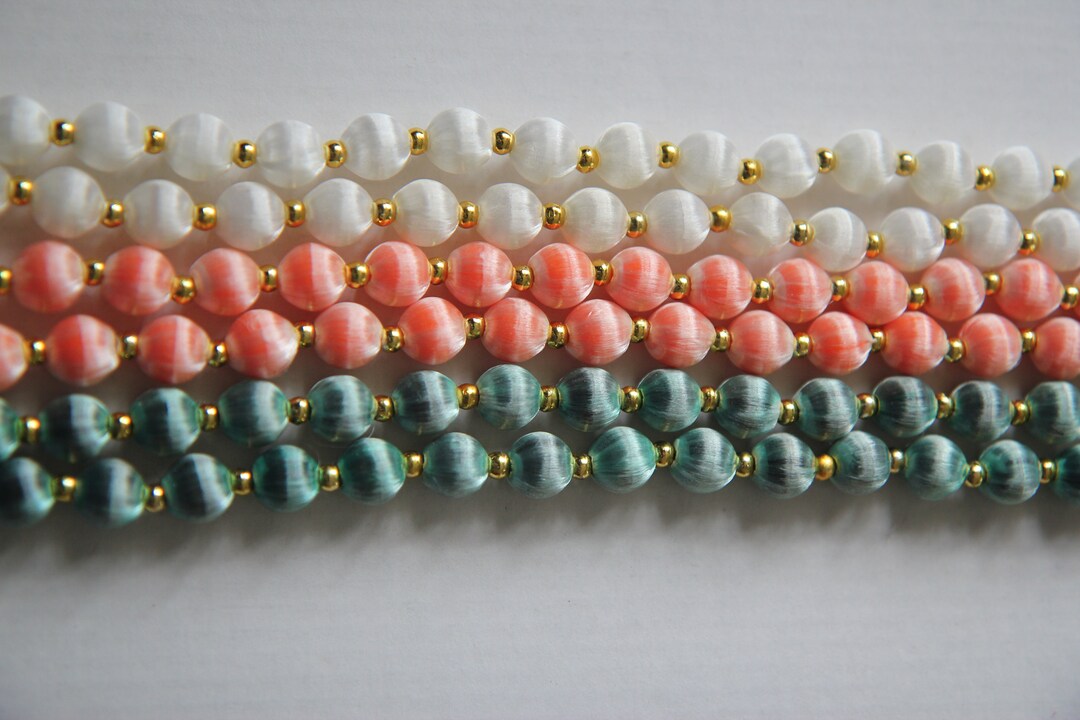 Vintage Silk Wrap Bead Necklace Coral White Teal Round Fabric Wrapped ...