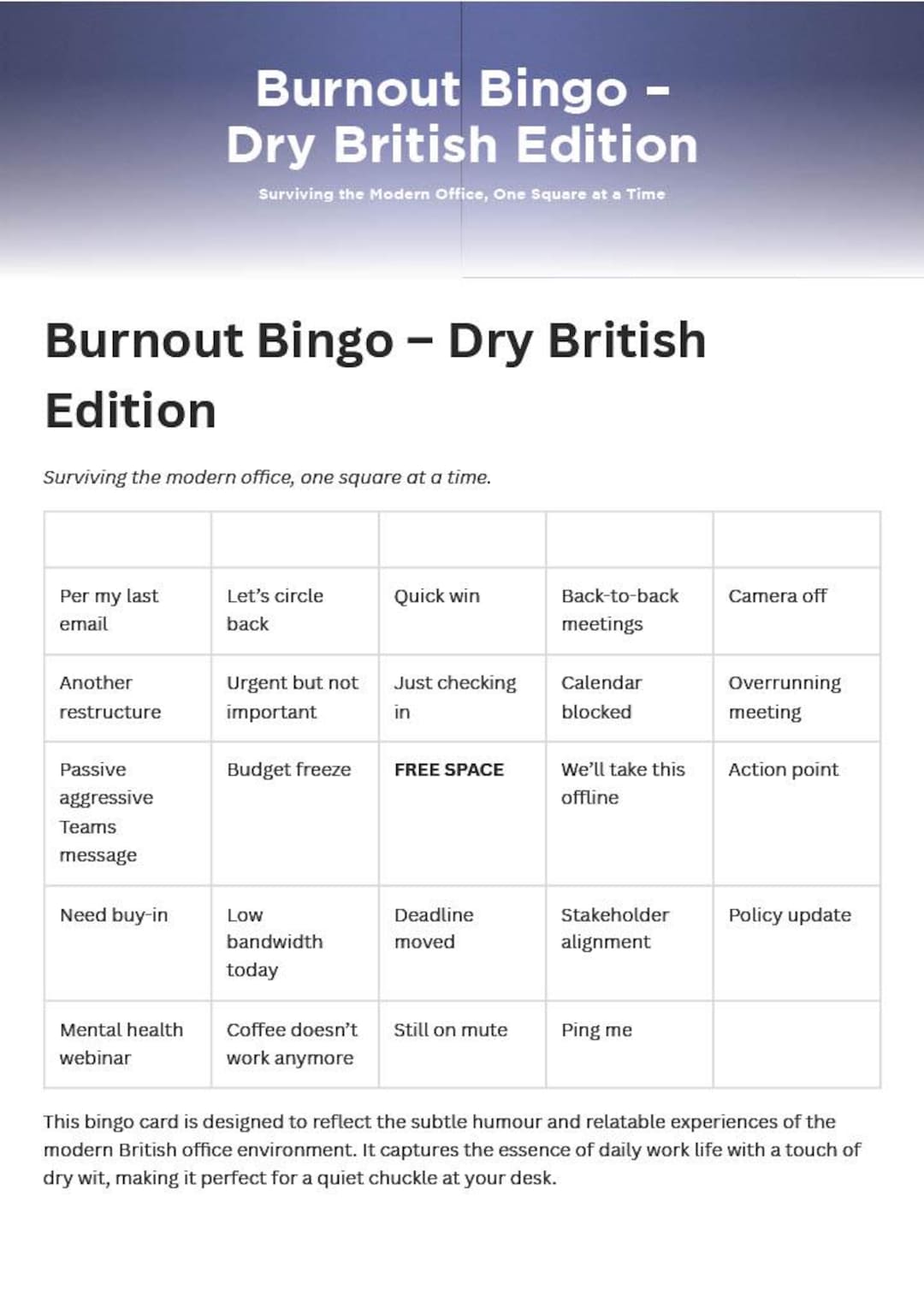 Burnout Bingo – Dry British Office Humour Game | Printable Workplace ...