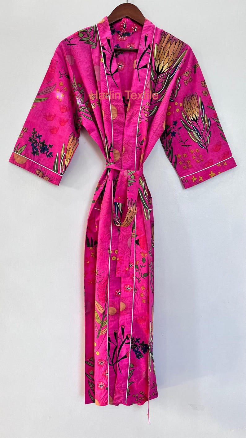 Hand Block Print Cotton Kimono Robe - Pink Floral Dressing Gown ...