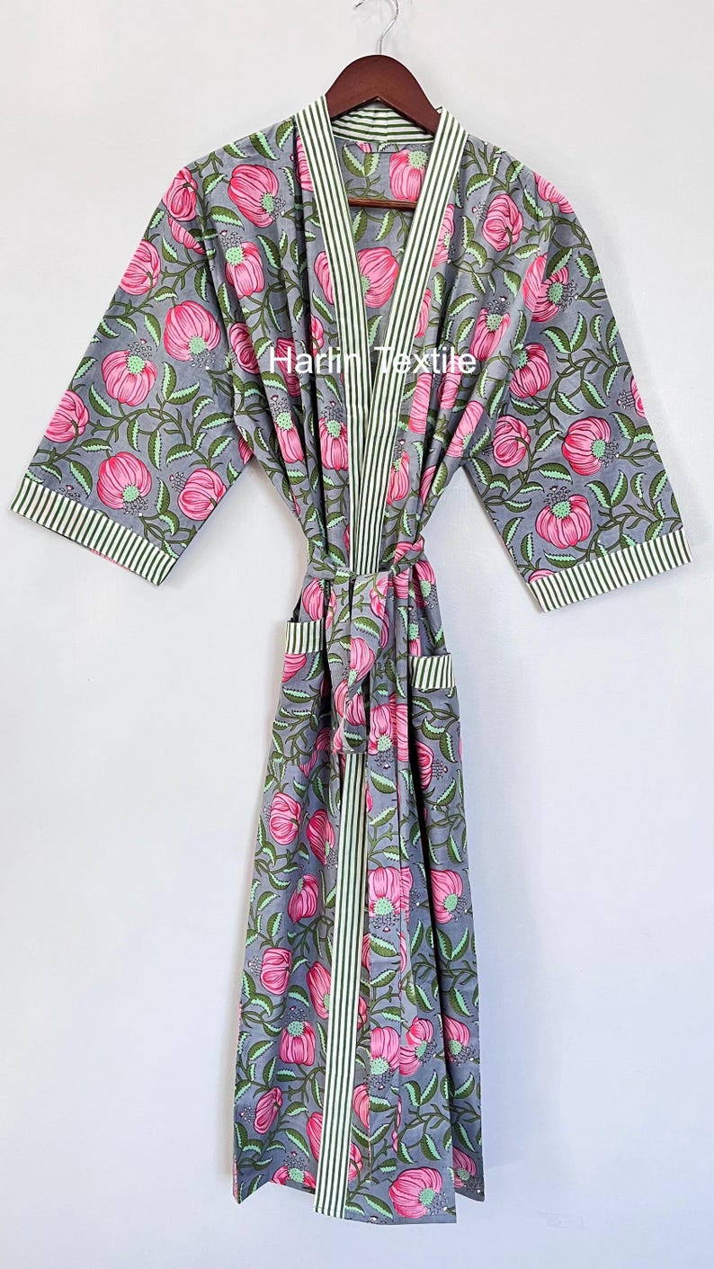 Hand Block Print Cotton Kimono Robe - Pink Floral Dressing Gown ...