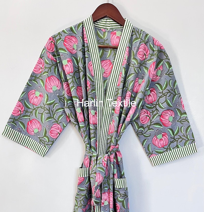 Hand Block Print Cotton Kimono Robe - Pink Floral Dressing Gown ...
