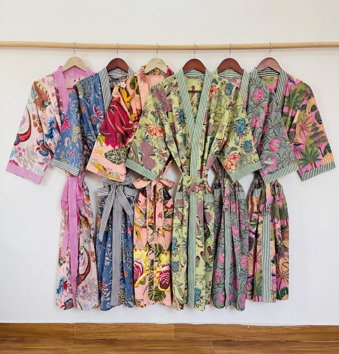 Hand Block Print Cotton Kimono Robe - Pink Floral Dressing Gown ...